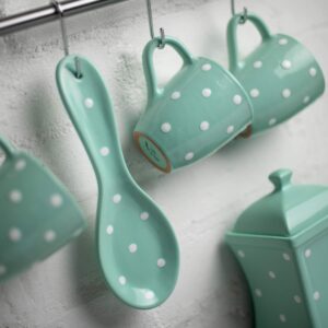 Handmade Teal Blue and White Polka Dot Ceramic Kitchen Cooking Spoon Rest | Pottery Utensil Holder | Housewarming Gift by City to Cottage®