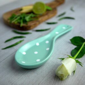 Handmade Teal Blue and White Polka Dot Ceramic Kitchen Cooking Spoon Rest | Pottery Utensil Holder | Housewarming Gift by City to Cottage®