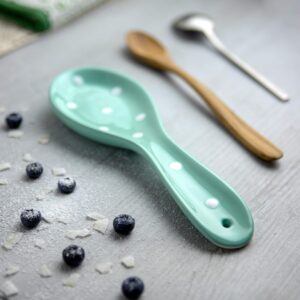 Handmade Teal Blue and White Polka Dot Ceramic Kitchen Cooking Spoon Rest | Pottery Utensil Holder | Housewarming Gift by City to Cottage®