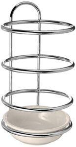 upright, standing spoon rest with ceramic dish utensil holder for stovetop & kitchen counter organization, modern vertical design, chrome/white