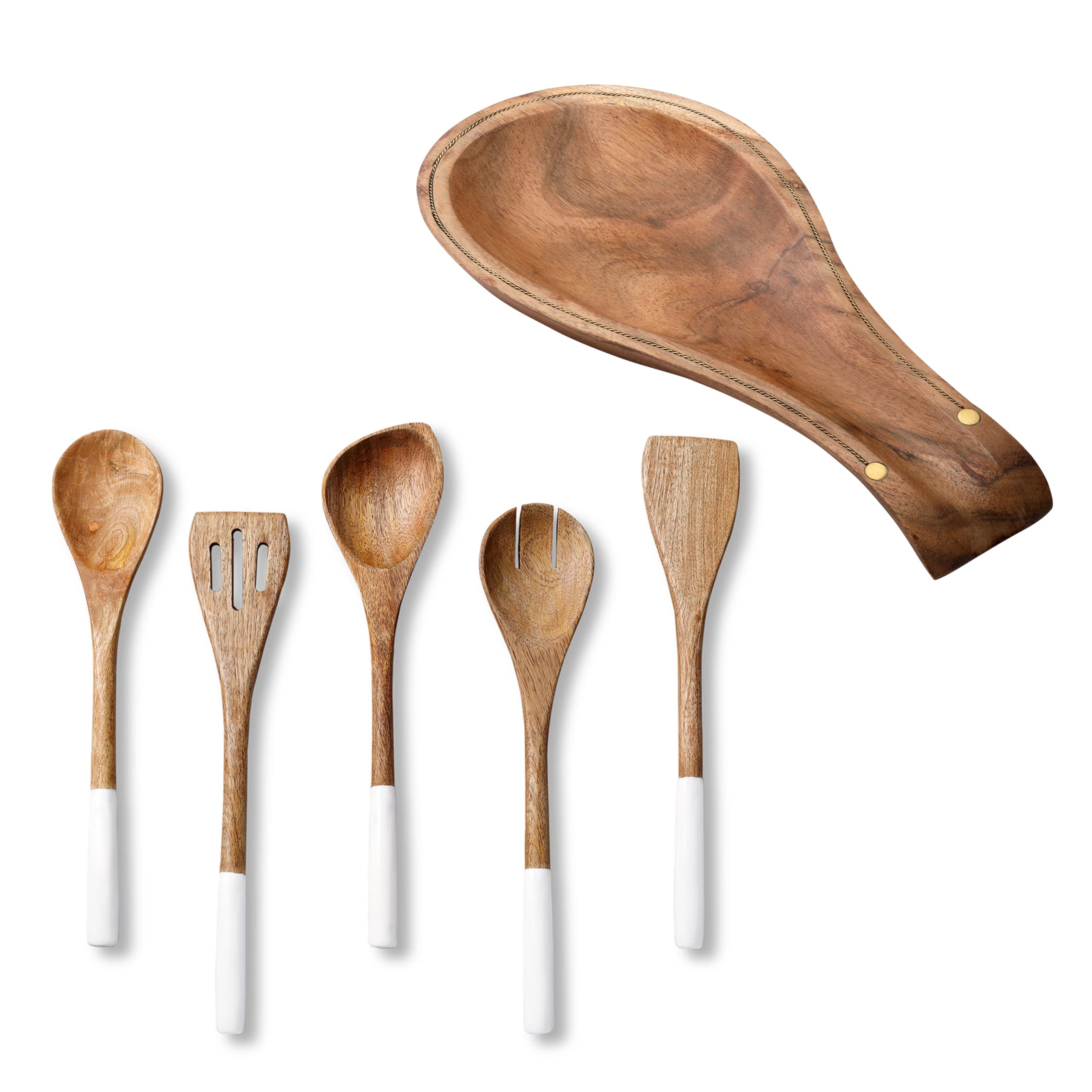 Folkulture Wooden Spoons for Cooking Set for Kitchen and Spoon Rest Bundle, Non Stick Cookware Tools or Utensils Includes Wooden Spoon, Spatula, Spoon Rest for Kitchen Counter, Spoon Holder for Stove