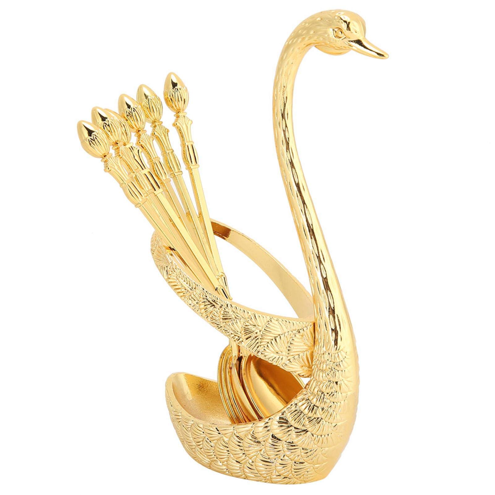 Oumefar Dessert Spoons, 10pcs Premium Food Grade Stainless Steel 4.7 Coffee Spoon with Decorative Swan Base Holder, Creative Gold Dessert Spoons and Swan Shape Holder,for Coffee Dessert Ice Cream Cake