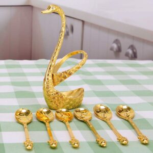 Oumefar Dessert Spoons, 10pcs Premium Food Grade Stainless Steel 4.7 Coffee Spoon with Decorative Swan Base Holder, Creative Gold Dessert Spoons and Swan Shape Holder,for Coffee Dessert Ice Cream Cake