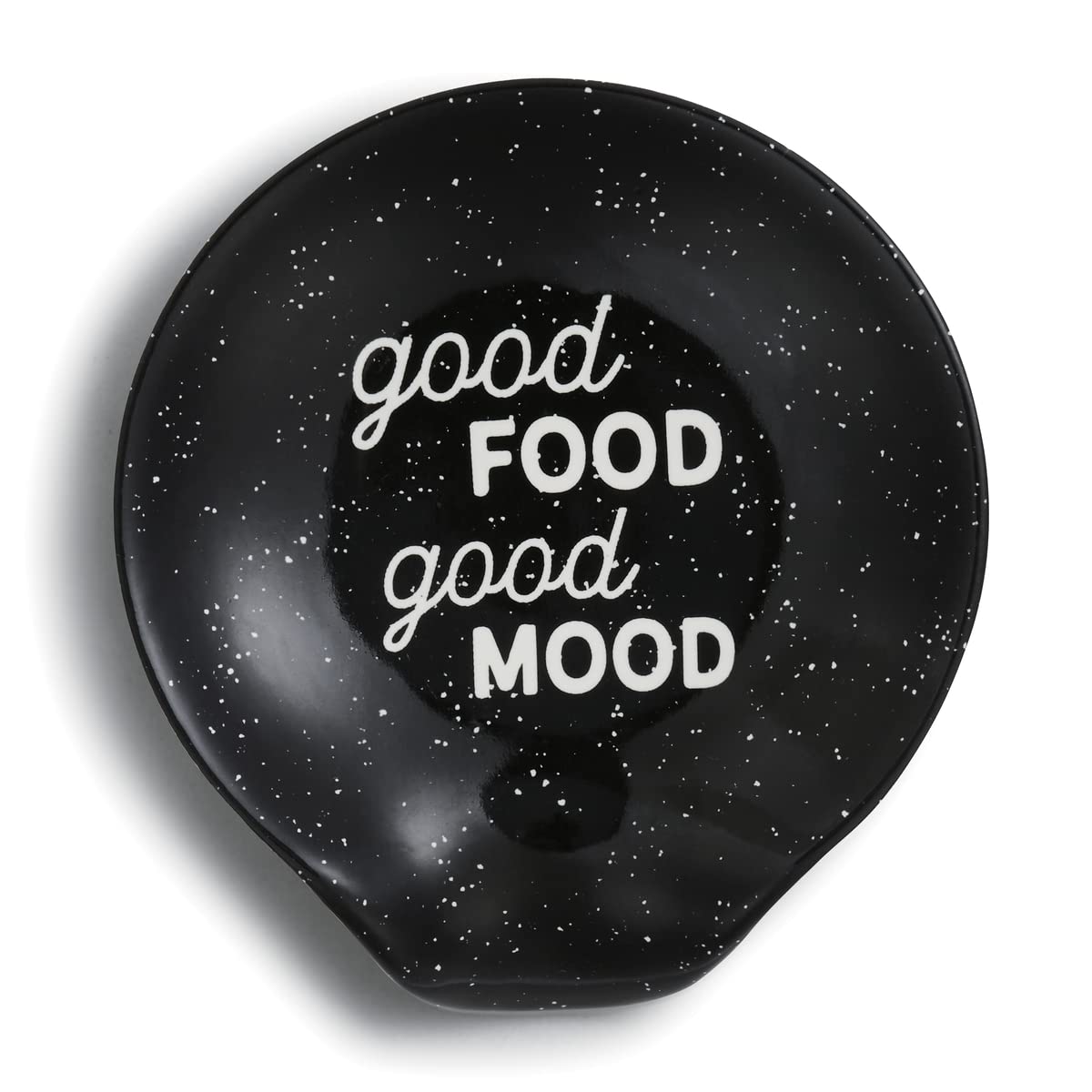 DEMDACO Good Food Good Mood 4.5 x 4 Glossy Speckled Black and White Ceramic Stoneware Kitchen Spoon Rest