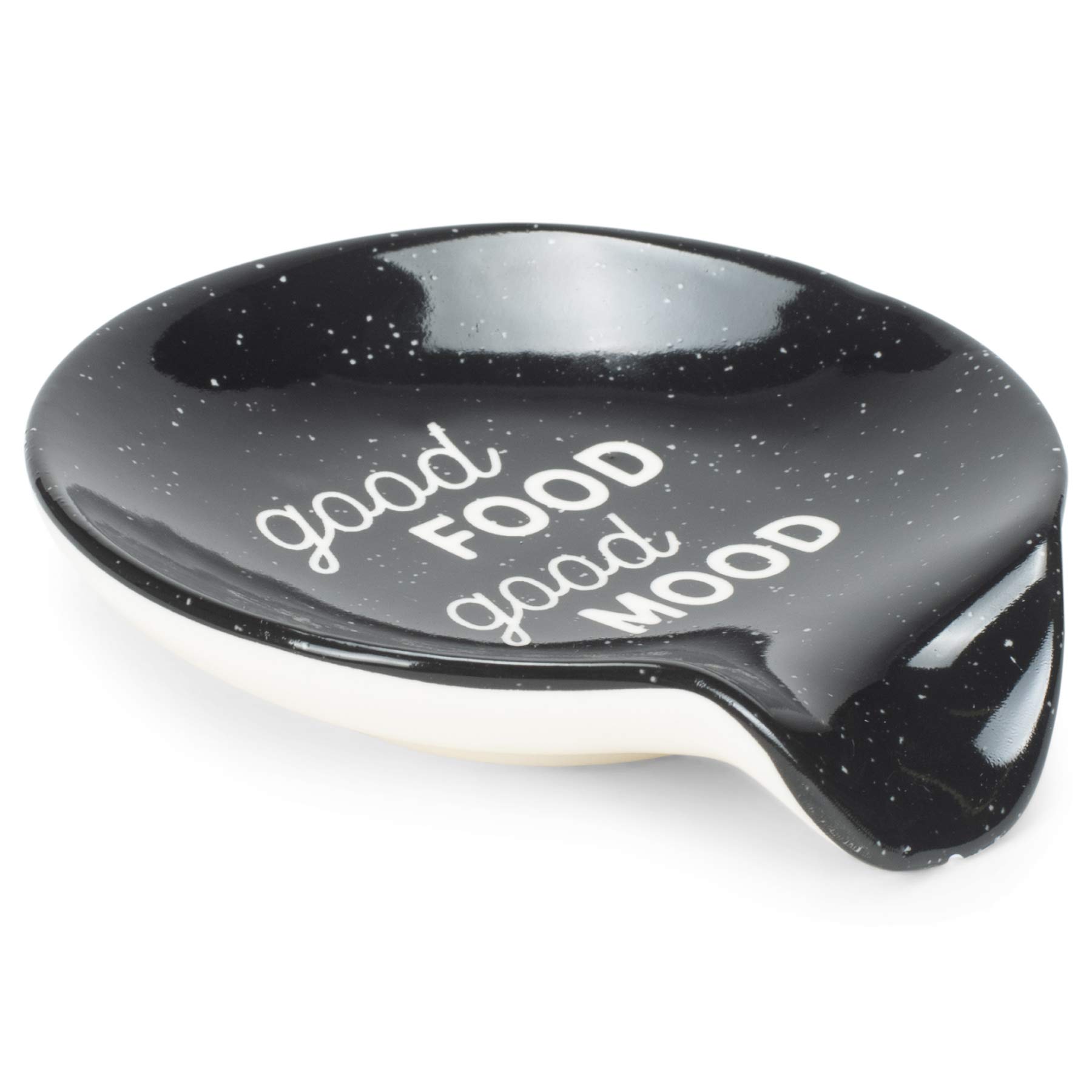 DEMDACO Good Food Good Mood 4.5 x 4 Glossy Speckled Black and White Ceramic Stoneware Kitchen Spoon Rest