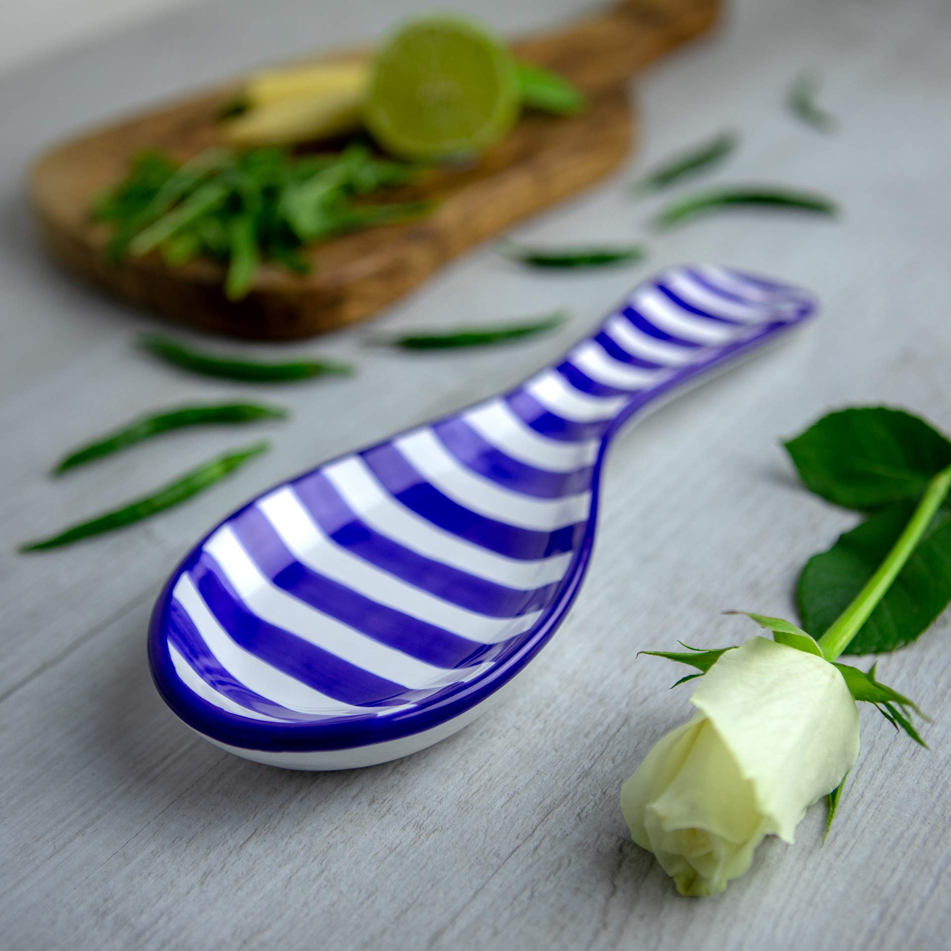 Handmade Dark Navy Blue Stripe Ceramic Kitchen Cooking Spoon Rest | Pottery Utensil Holder | Housewarming Gift by City to Cottage®