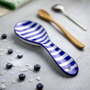 Handmade Dark Navy Blue Stripe Ceramic Kitchen Cooking Spoon Rest | Pottery Utensil Holder | Housewarming Gift by City to Cottage®