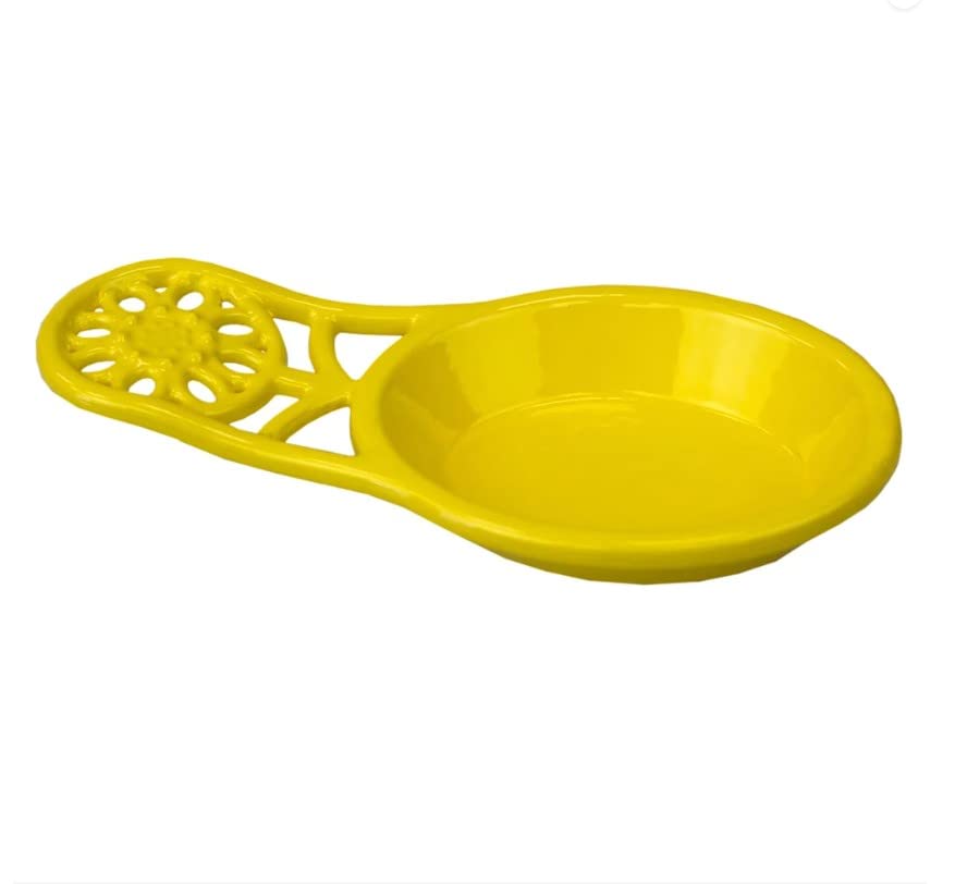 Cast Iron Spoon Rest Sunflower Design Kitchen Utensil Holder for Stove Top, Cookwear, Ladles, Countertop Organizer Heavy Duty - Yellow