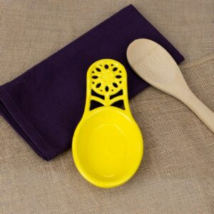 Cast Iron Spoon Rest Sunflower Design Kitchen Utensil Holder for Stove Top, Cookwear, Ladles, Countertop Organizer Heavy Duty - Yellow