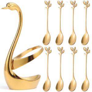 ansaw gold small swan base holder with gold 8pcs 4.7inch leaf handle coffee spoon set