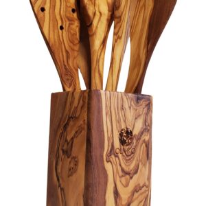 OLIVIKO Handmade Olive Wood Holder+ Utensils Kit of 5 Utensils Holder+ 2 Spatula + 3 Spoon 100% Olive Wood