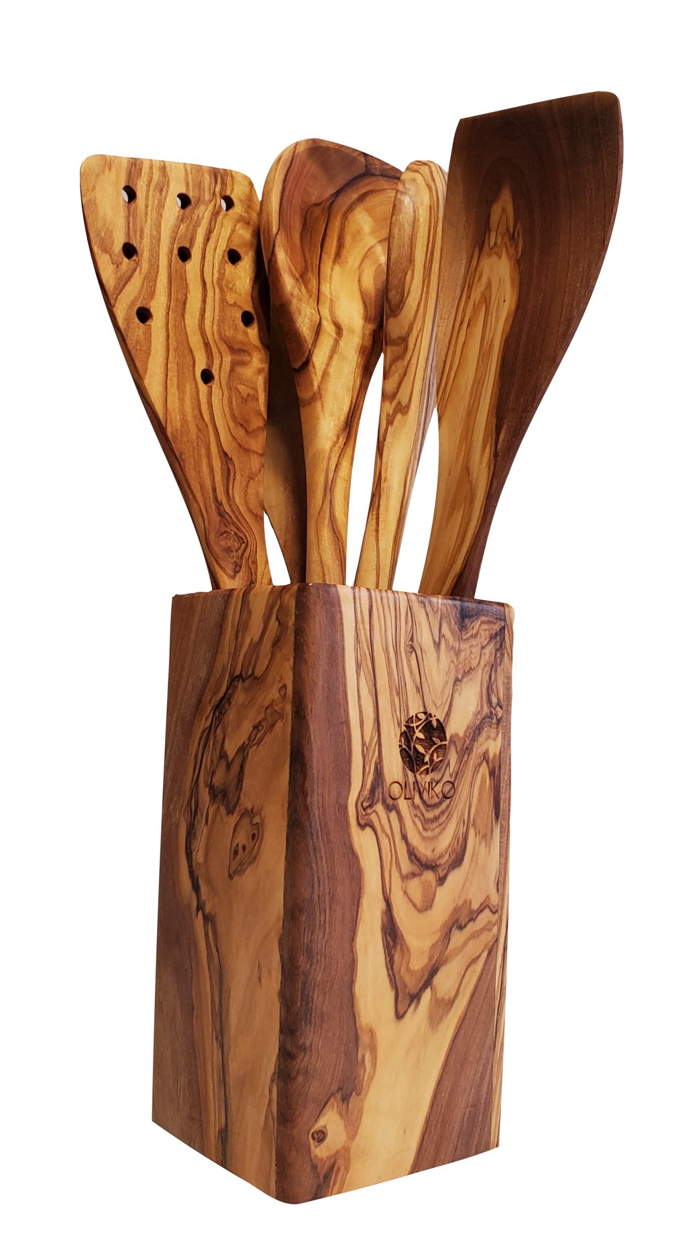 OLIVIKO Handmade Olive Wood Holder+ Utensils Kit of 5 Utensils Holder+ 2 Spatula + 3 Spoon 100% Olive Wood