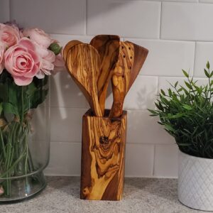 OLIVIKO Handmade Olive Wood Holder+ Utensils Kit of 5 Utensils Holder+ 2 Spatula + 3 Spoon 100% Olive Wood