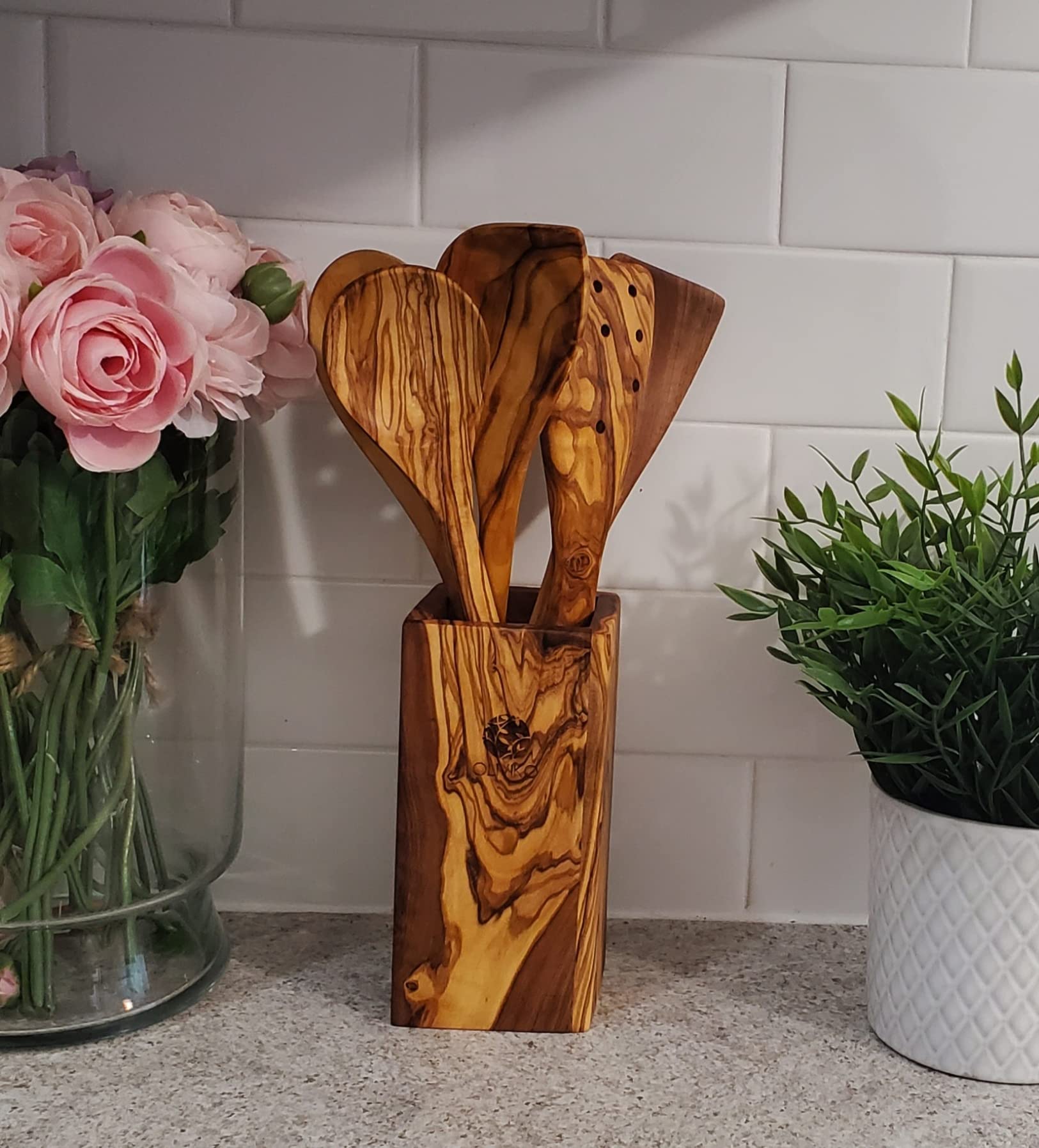 OLIVIKO Handmade Olive Wood Holder+ Utensils Kit of 5 Utensils Holder+ 2 Spatula + 3 Spoon 100% Olive Wood