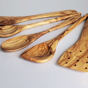 OLIVIKO Handmade Olive Wood Holder+ Utensils Kit of 5 Utensils Holder+ 2 Spatula + 3 Spoon 100% Olive Wood