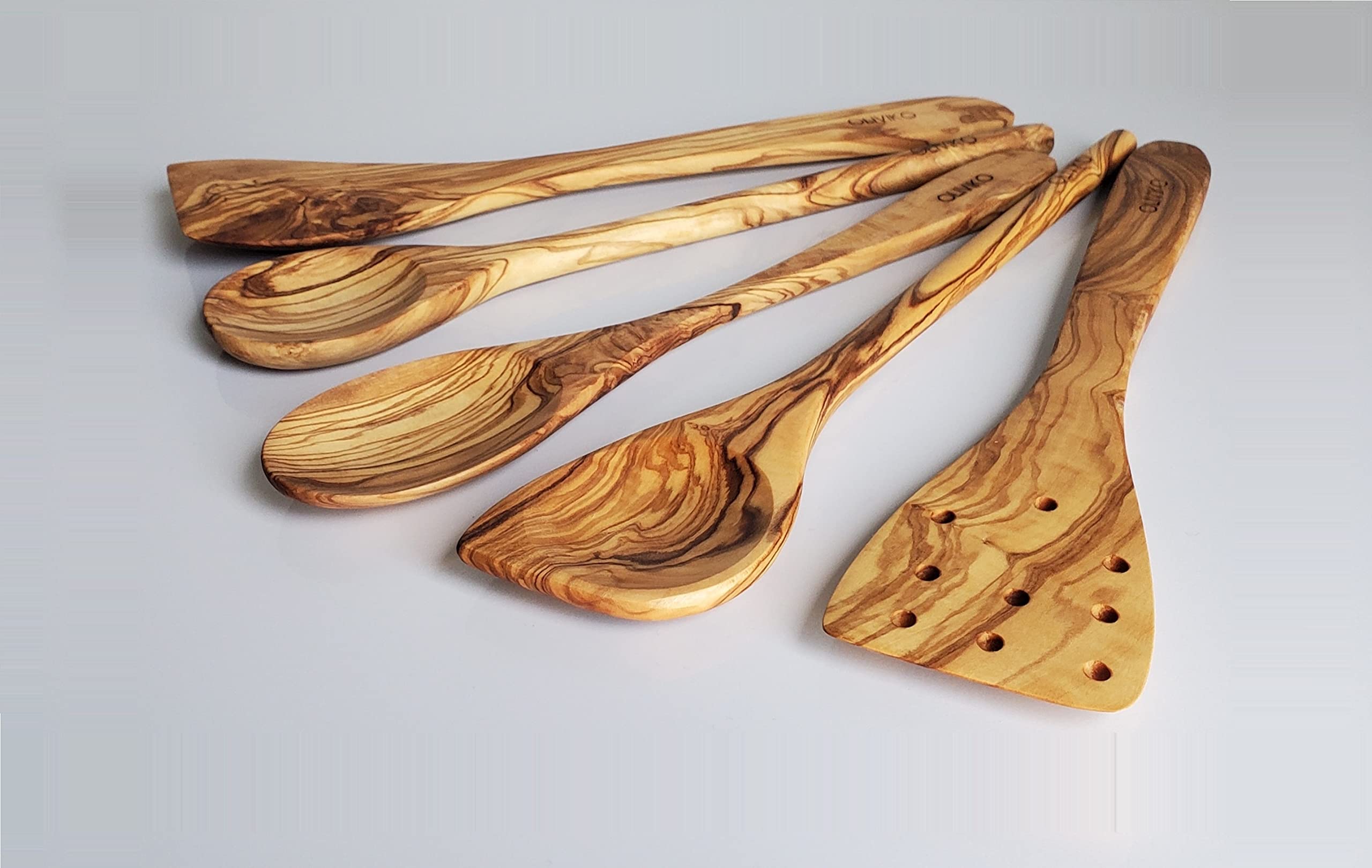 OLIVIKO Handmade Olive Wood Holder+ Utensils Kit of 5 Utensils Holder+ 2 Spatula + 3 Spoon 100% Olive Wood