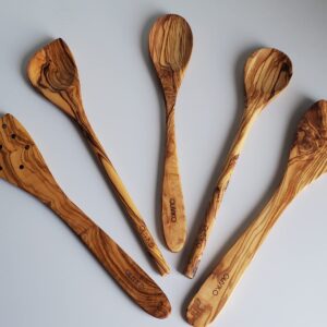 OLIVIKO Handmade Olive Wood Holder+ Utensils Kit of 5 Utensils Holder+ 2 Spatula + 3 Spoon 100% Olive Wood