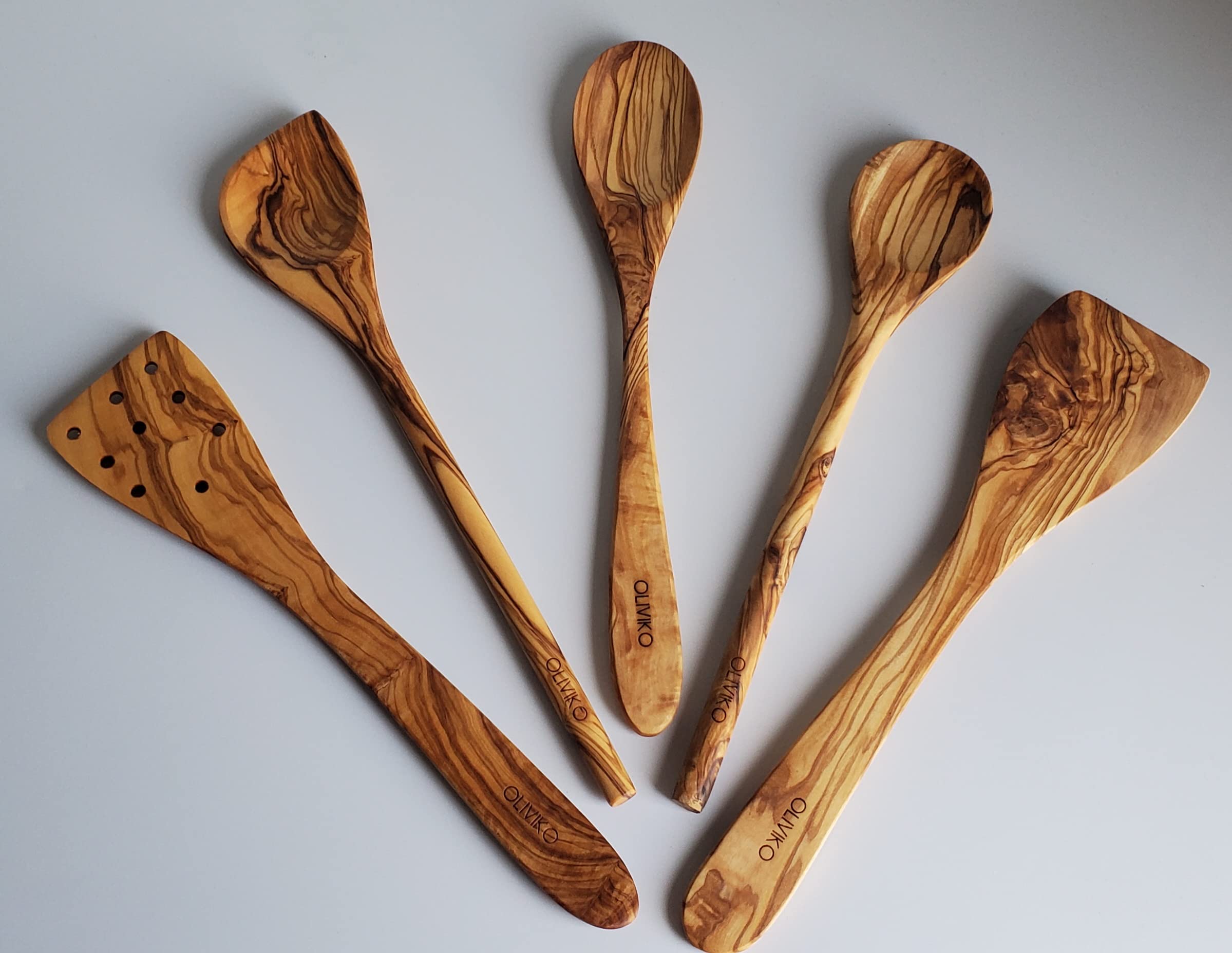 OLIVIKO Handmade Olive Wood Holder+ Utensils Kit of 5 Utensils Holder+ 2 Spatula + 3 Spoon 100% Olive Wood