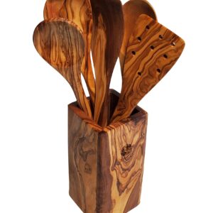 OLIVIKO Handmade Olive Wood Holder+ Utensils Kit of 5 Utensils Holder+ 2 Spatula + 3 Spoon 100% Olive Wood