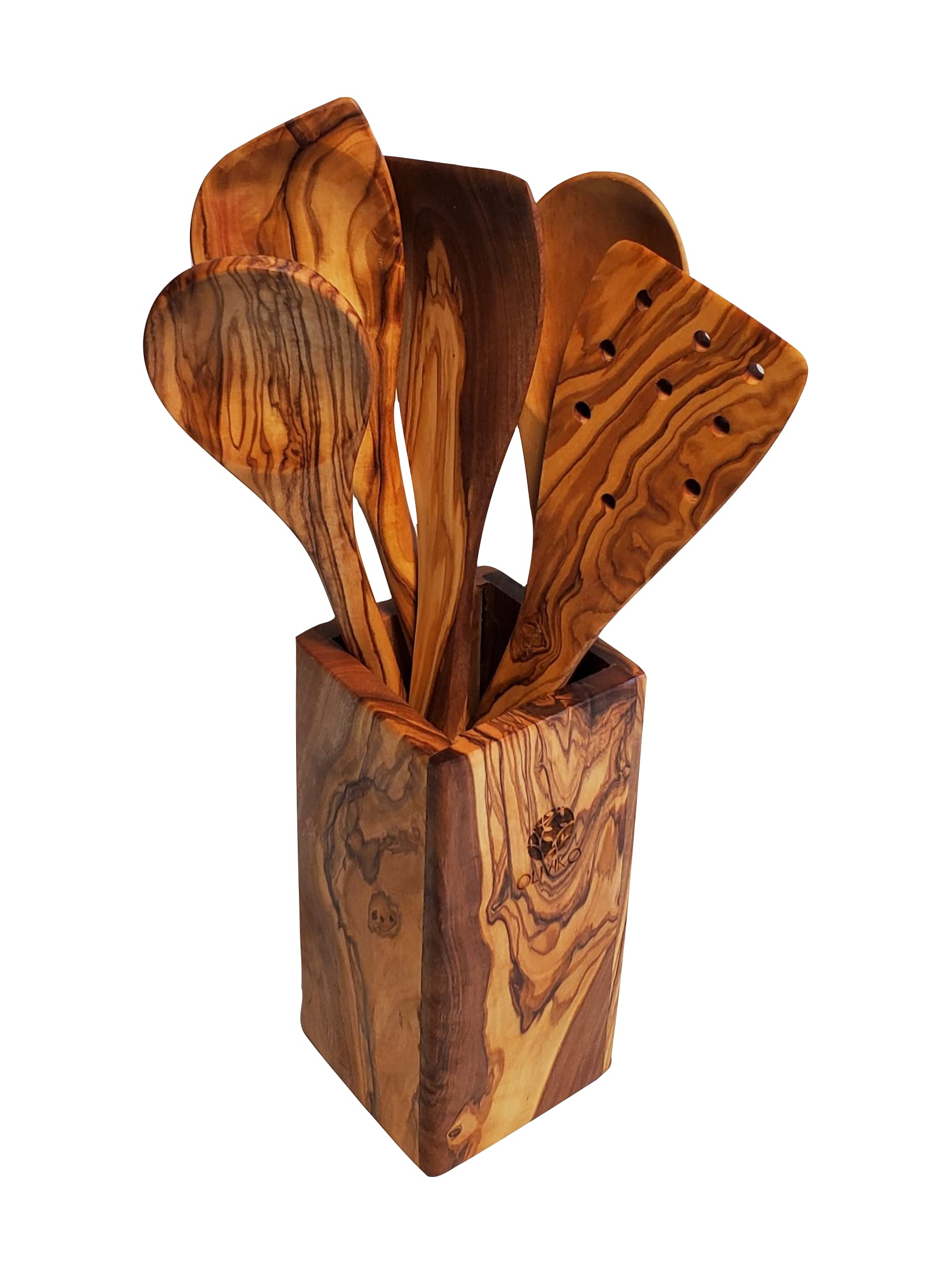 OLIVIKO Handmade Olive Wood Holder+ Utensils Kit of 5 Utensils Holder+ 2 Spatula + 3 Spoon 100% Olive Wood