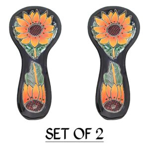 Set of 2 Spoon Rest Sunflower Talavera Mexican Pottery Handmade for Stovetop Spoon Holder