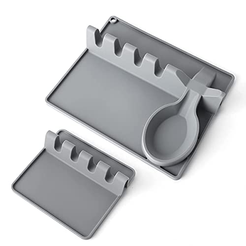 Silicone Spoon Rest, 2 in 1 Larger Size Silicone Spoon Holder for Stove Top, Upgraded Utensil Rest with Drip Pad Include 8 Slots & 1 Spoon Holder, Hang Hole Design, 2pcs, AHOUGER (Grey)