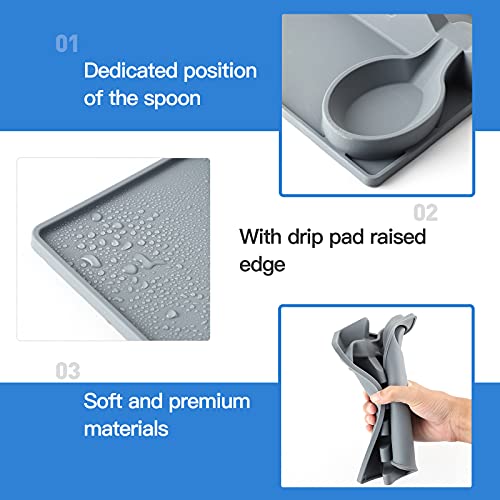 Silicone Spoon Rest, 2 in 1 Larger Size Silicone Spoon Holder for Stove Top, Upgraded Utensil Rest with Drip Pad Include 8 Slots & 1 Spoon Holder, Hang Hole Design, 2pcs, AHOUGER (Grey)