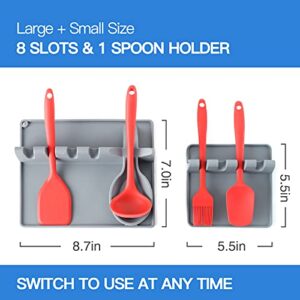 Silicone Spoon Rest, 2 in 1 Larger Size Silicone Spoon Holder for Stove Top, Upgraded Utensil Rest with Drip Pad Include 8 Slots & 1 Spoon Holder, Hang Hole Design, 2pcs, AHOUGER (Grey)