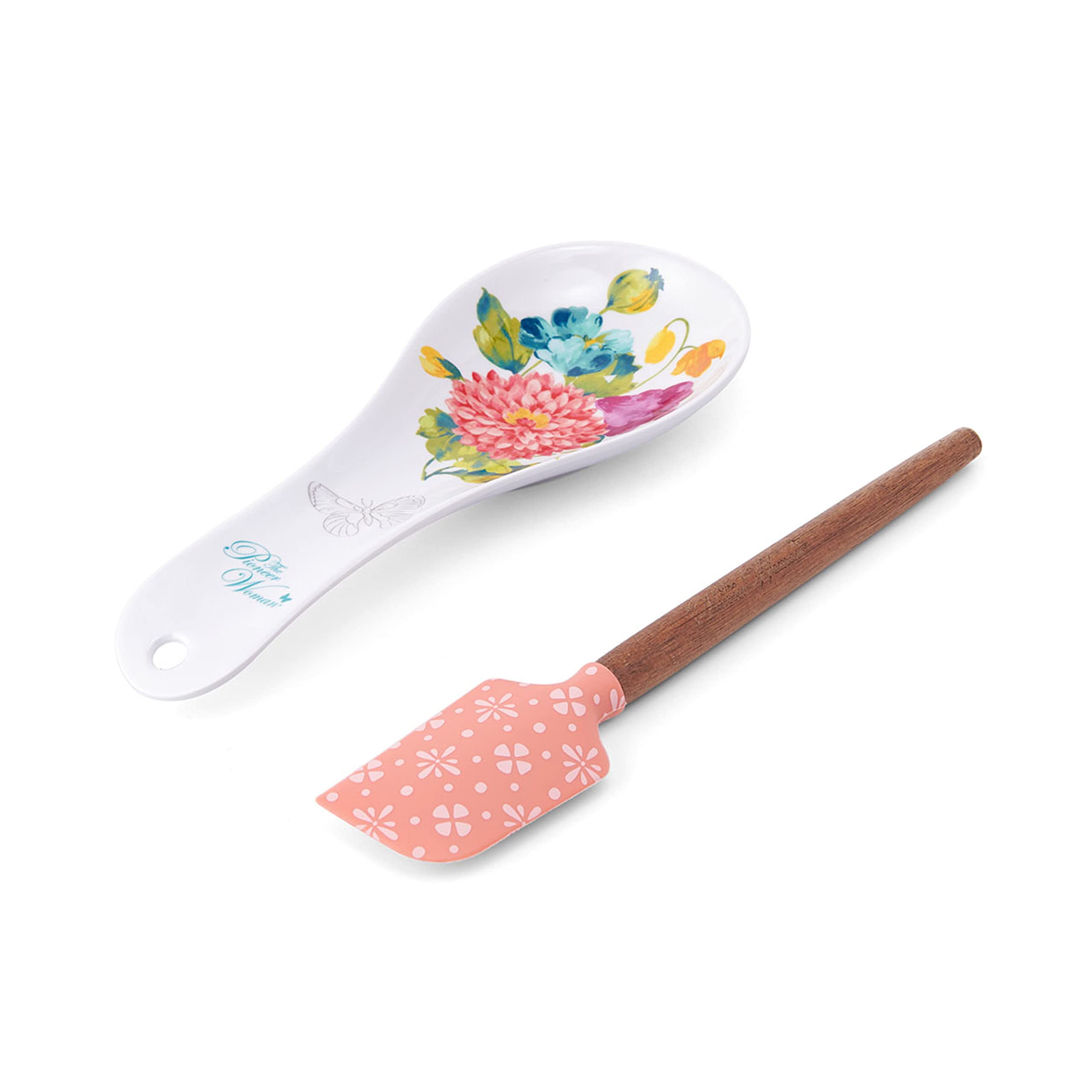 Pioneer W The Pioneer Woman 2 Piece Set, Melamine Spoon Rest and Spatula Set, Vintage Floral (Blooming Bouquet)