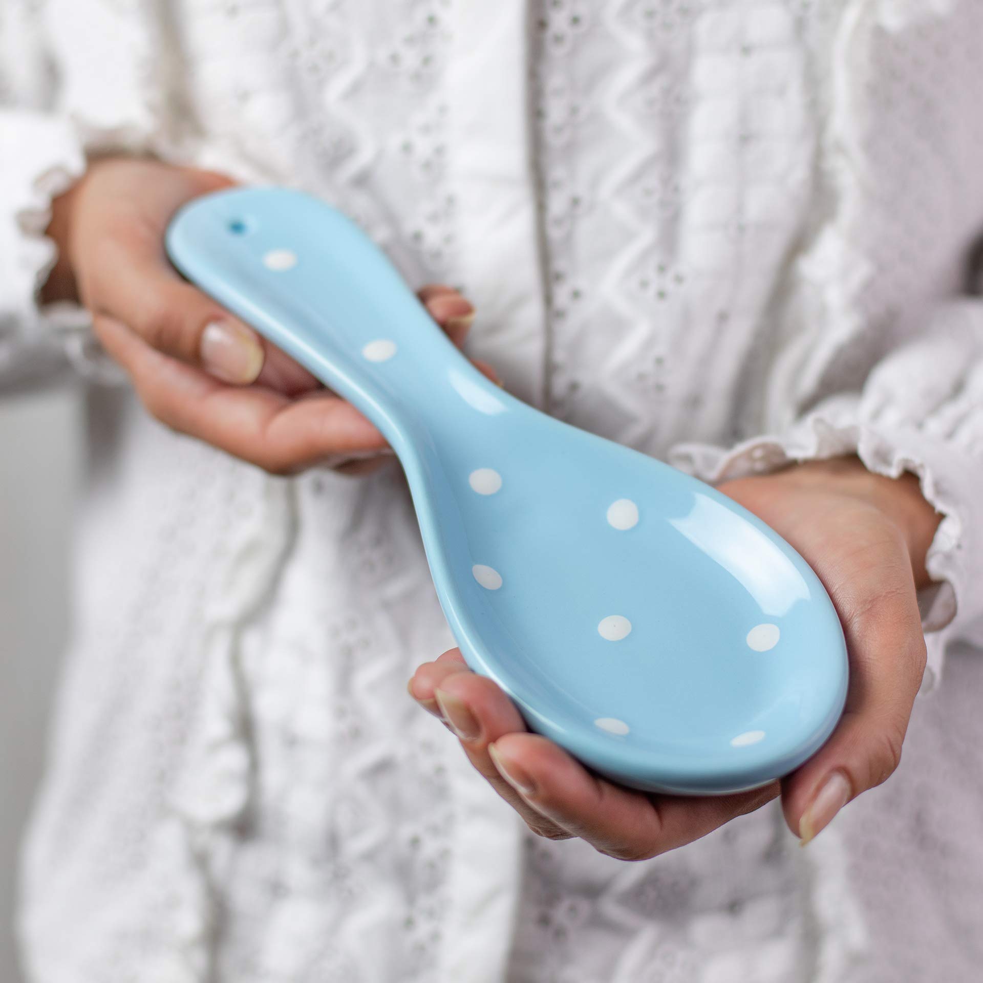 Handmade Light Sky Blue and White Polka Dot Ceramic Kitchen Cooking Spoon Rest | Pottery Utensil Holder | Housewarming Gift by City to Cottage®