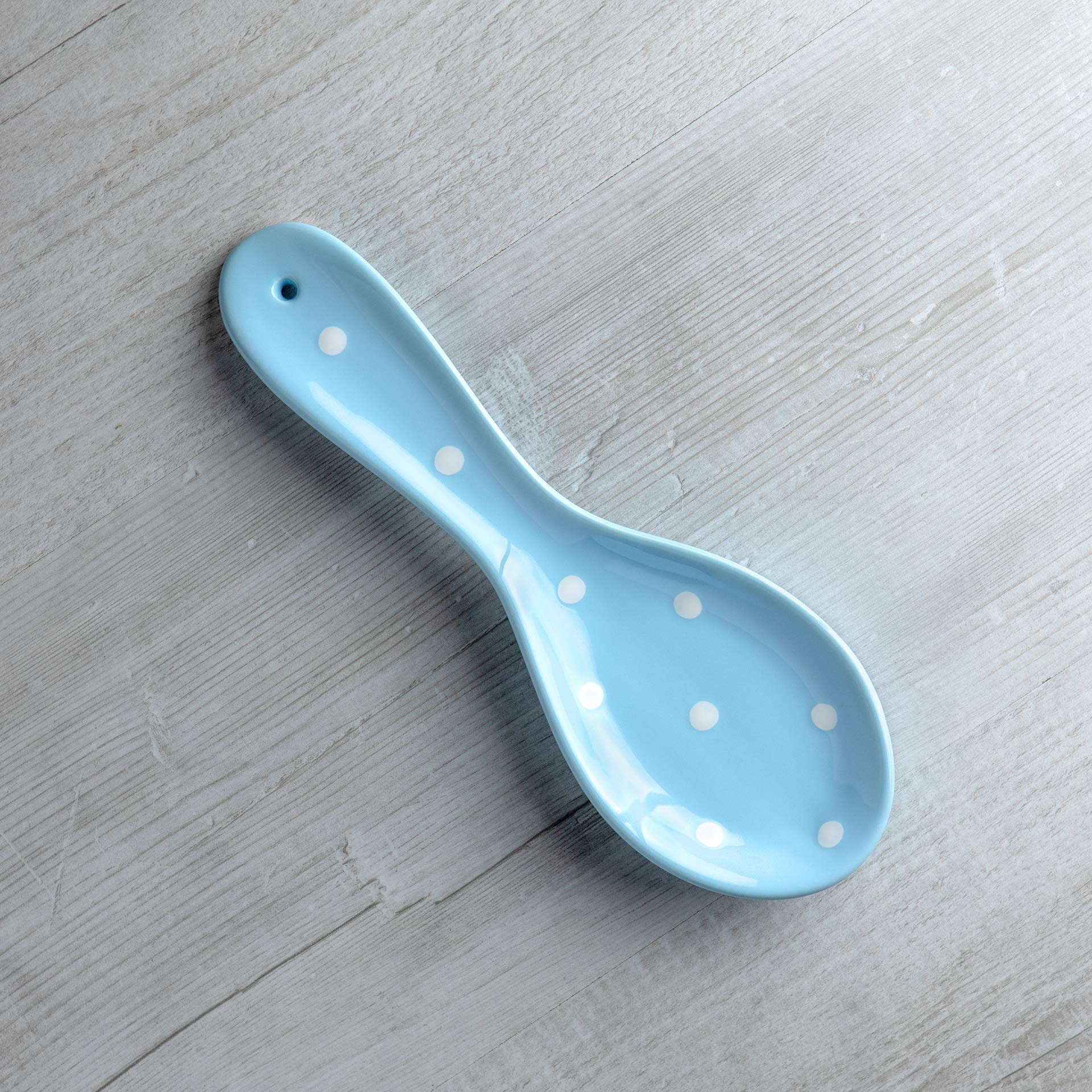 Handmade Light Sky Blue and White Polka Dot Ceramic Kitchen Cooking Spoon Rest | Pottery Utensil Holder | Housewarming Gift by City to Cottage®