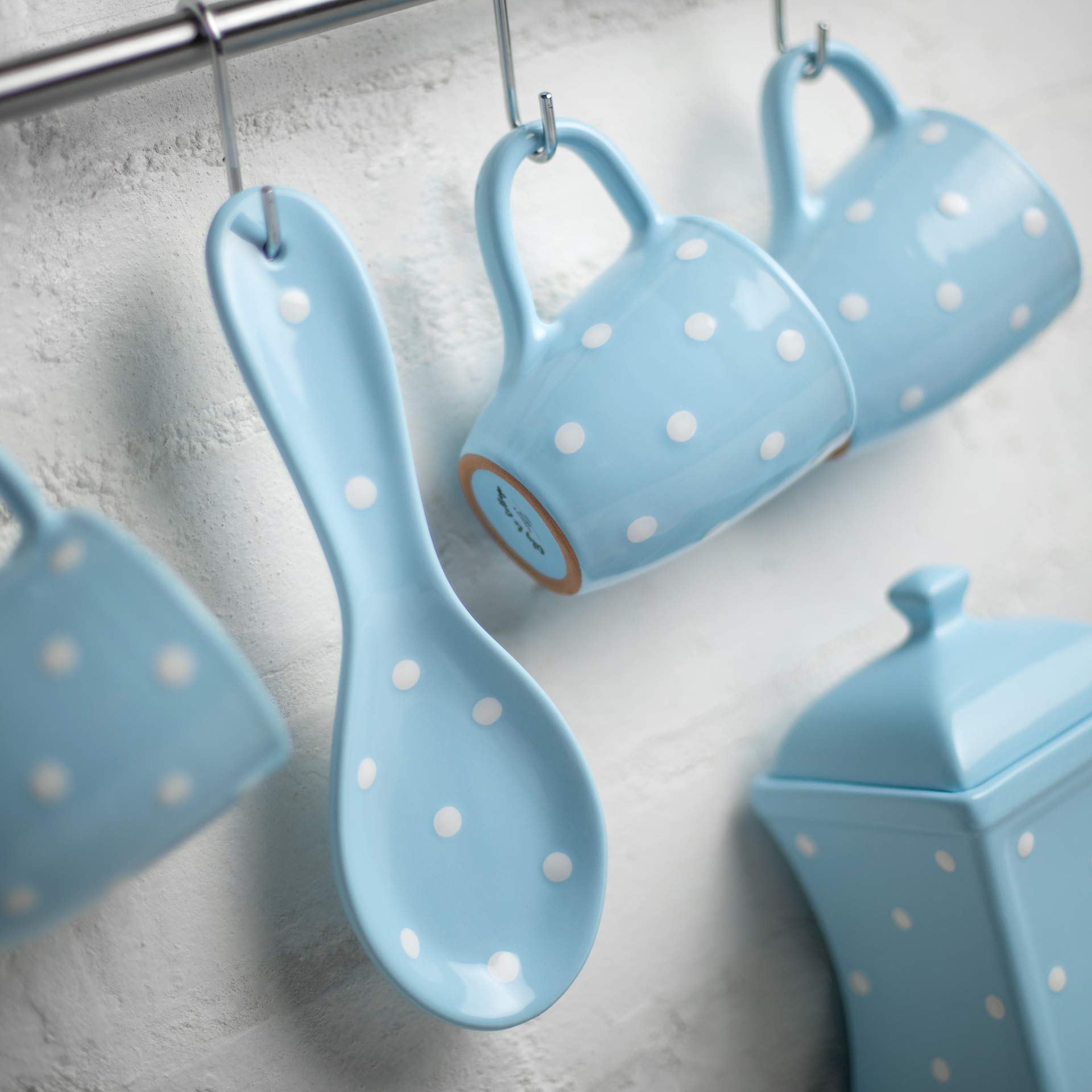 Handmade Light Sky Blue and White Polka Dot Ceramic Kitchen Cooking Spoon Rest | Pottery Utensil Holder | Housewarming Gift by City to Cottage®