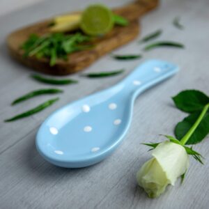 Handmade Light Sky Blue and White Polka Dot Ceramic Kitchen Cooking Spoon Rest | Pottery Utensil Holder | Housewarming Gift by City to Cottage®