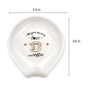 WHING Farmhouse Kitchen White Ceramic Coffee Tea Spoon Rest Holder, All We Need Is Love and Coffee - Coffee Station Decor Gift for Coffee Lovers Girlfriend Wife Husband Anniversary Friends