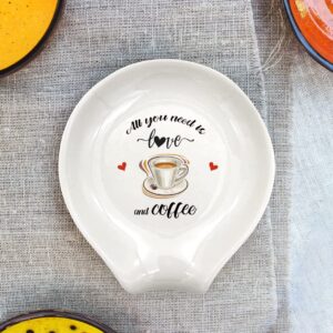 WHING Farmhouse Kitchen White Ceramic Coffee Tea Spoon Rest Holder, All We Need Is Love and Coffee - Coffee Station Decor Gift for Coffee Lovers Girlfriend Wife Husband Anniversary Friends