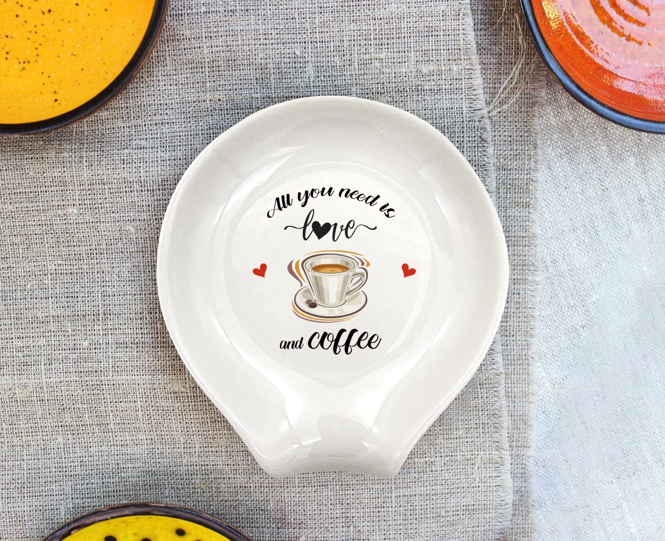 WHING Farmhouse Kitchen White Ceramic Coffee Tea Spoon Rest Holder, All We Need Is Love and Coffee - Coffee Station Decor Gift for Coffee Lovers Girlfriend Wife Husband Anniversary Friends