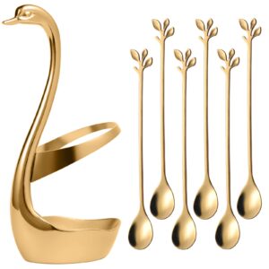 ansaw gold small swan base holder with gold 6pcs 6.5inch leaf handle coffee spoon set