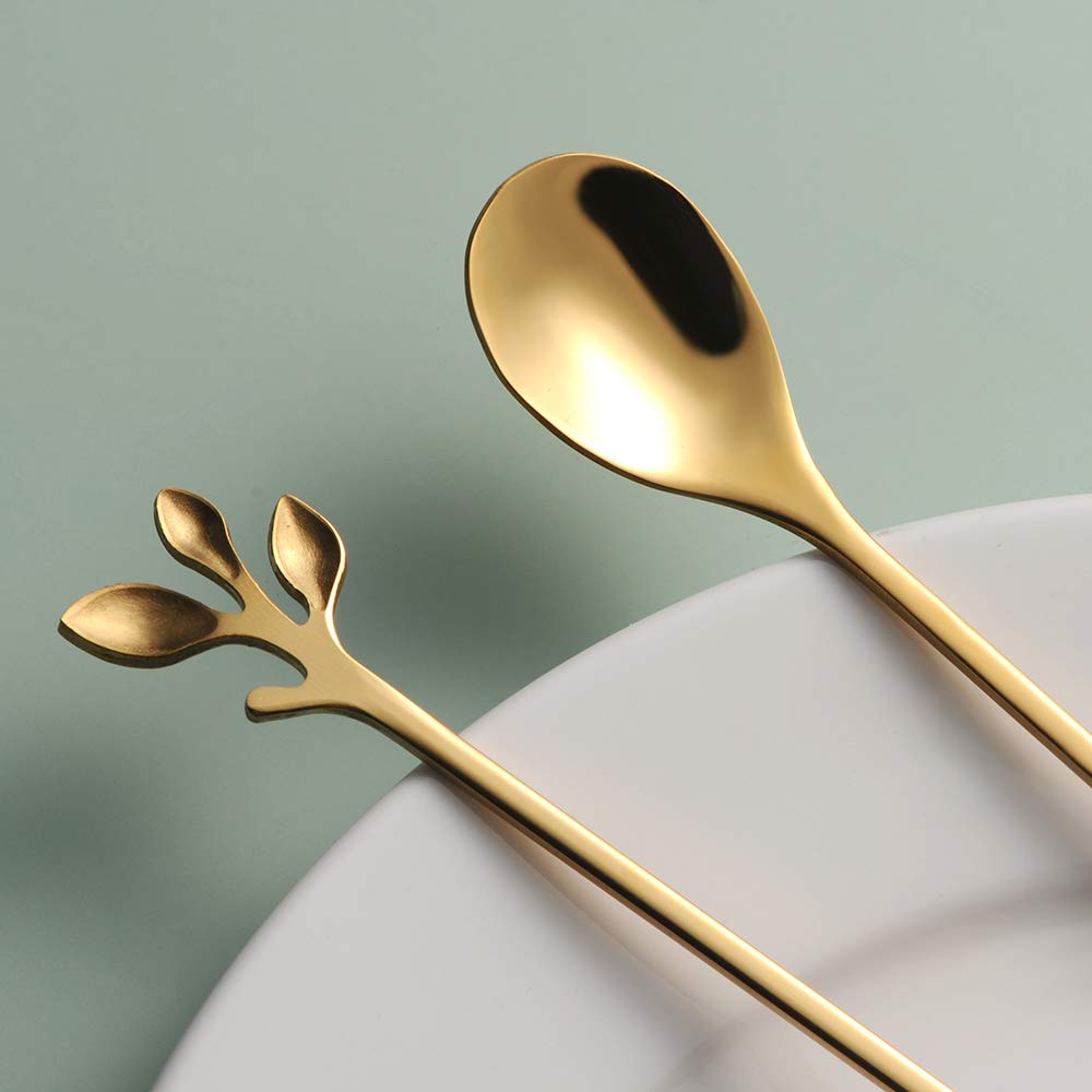 AnSaw Gold Small Swan Base Holder With Gold 6Pcs 6.5Inch leaf Handle Coffee Spoon Set