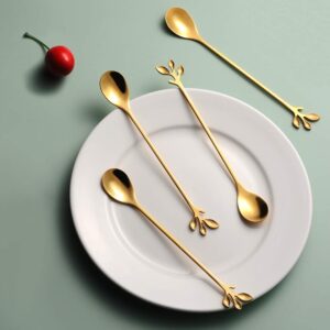 AnSaw Gold Small Swan Base Holder With Gold 6Pcs 6.5Inch leaf Handle Coffee Spoon Set