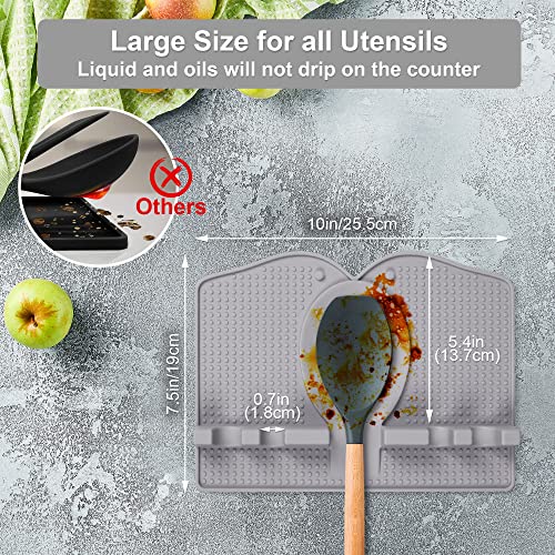 Arrozon 2 in 1 Silicone Utensil Spoon Rest Kitchen Counter with Drip Pad, 4 Slots Larege Spoon Spatula Holder for Stove Top, BPA-Free Heat-Resistant Non Slip Kitchen Utensils Mat(grey)