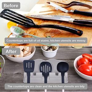 Arrozon 2 in 1 Silicone Utensil Spoon Rest Kitchen Counter with Drip Pad, 4 Slots Larege Spoon Spatula Holder for Stove Top, BPA-Free Heat-Resistant Non Slip Kitchen Utensils Mat(grey)