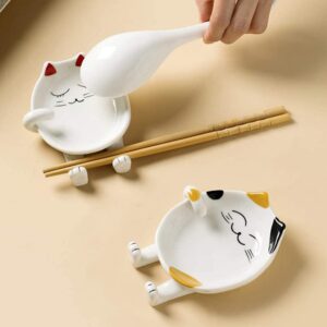 Ceramic Cat Spoon Rest for Kitchen Counter, Multi-Functional Chopsticks Spoon Holder,Ceramic Utensil Holder -Essential Kitchen Gadgets & Accessories, Decor Gift for Cat Lover (Yellow)