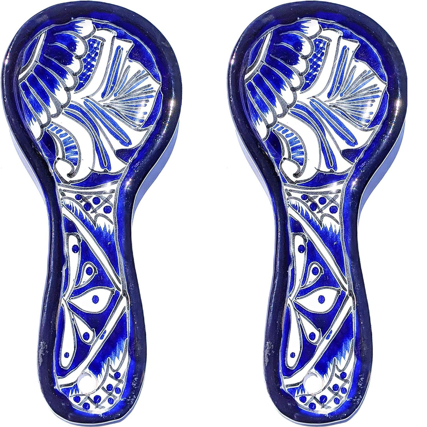 SPOON RESTS LARGE SET OF 2 TALAVERA MEXICAN CERAMIC BLUE & WHITE FOR STOVE TOP TABLE TOP