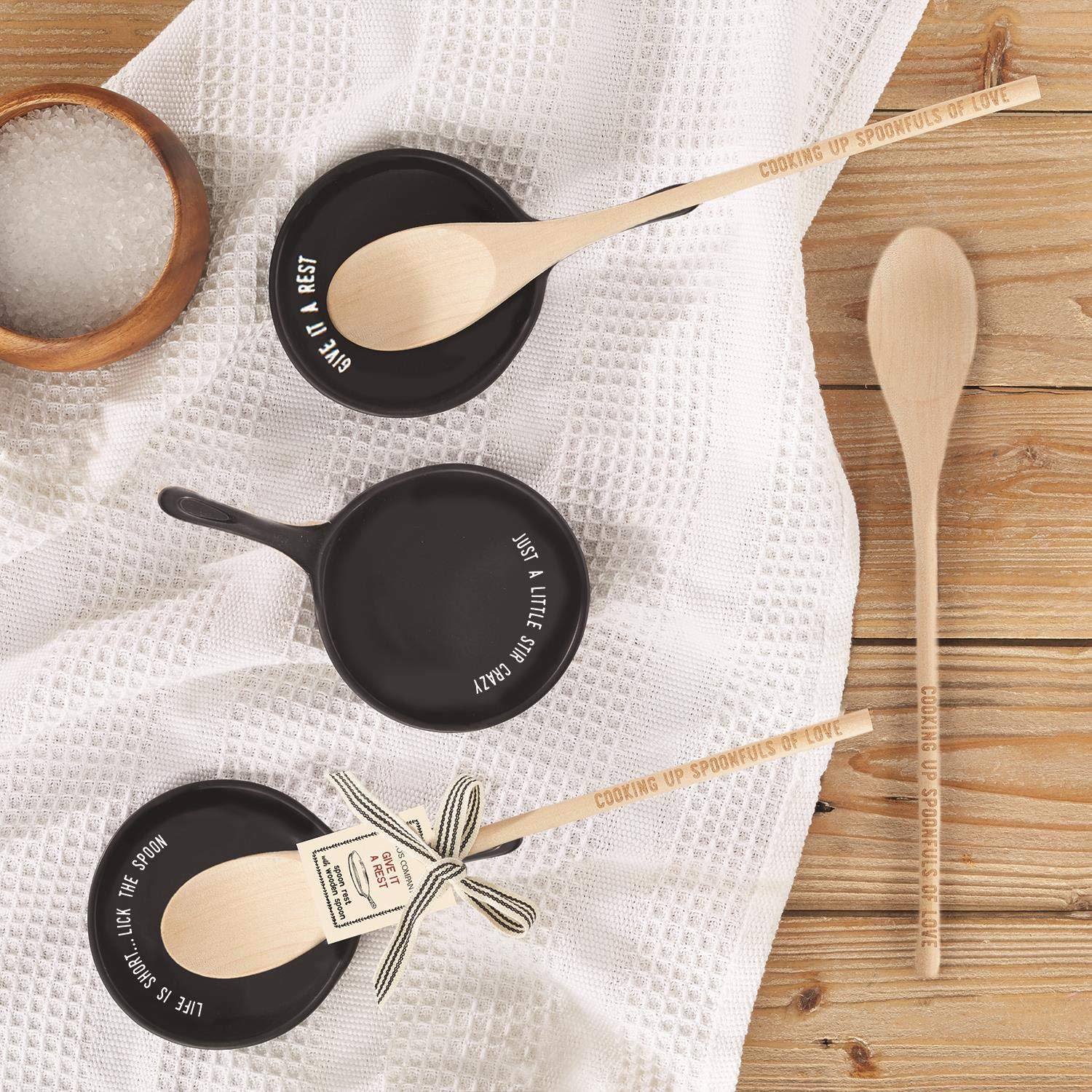 Life is Short Lick the Spoon Porcelain Spoon Rest and Wooden Spoon Set