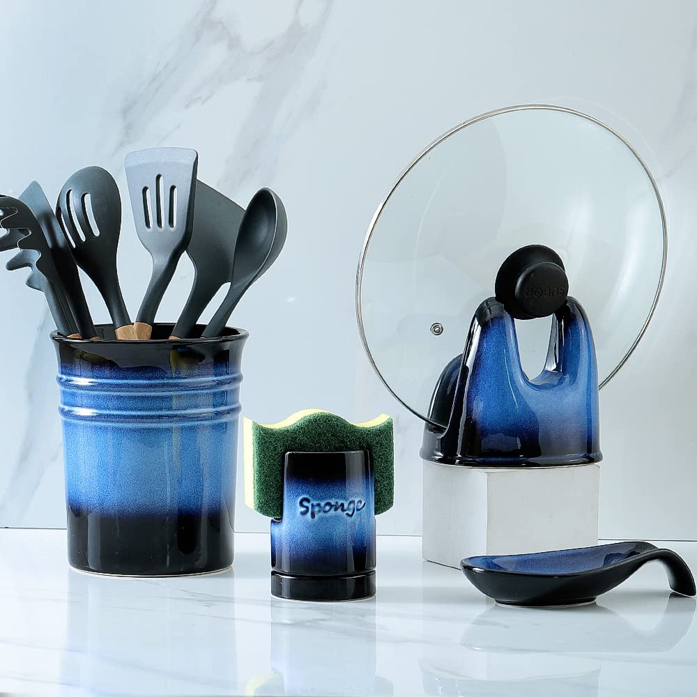 Nihow Ceramic Spoon Rest & Sponge Holder - Navy Blue