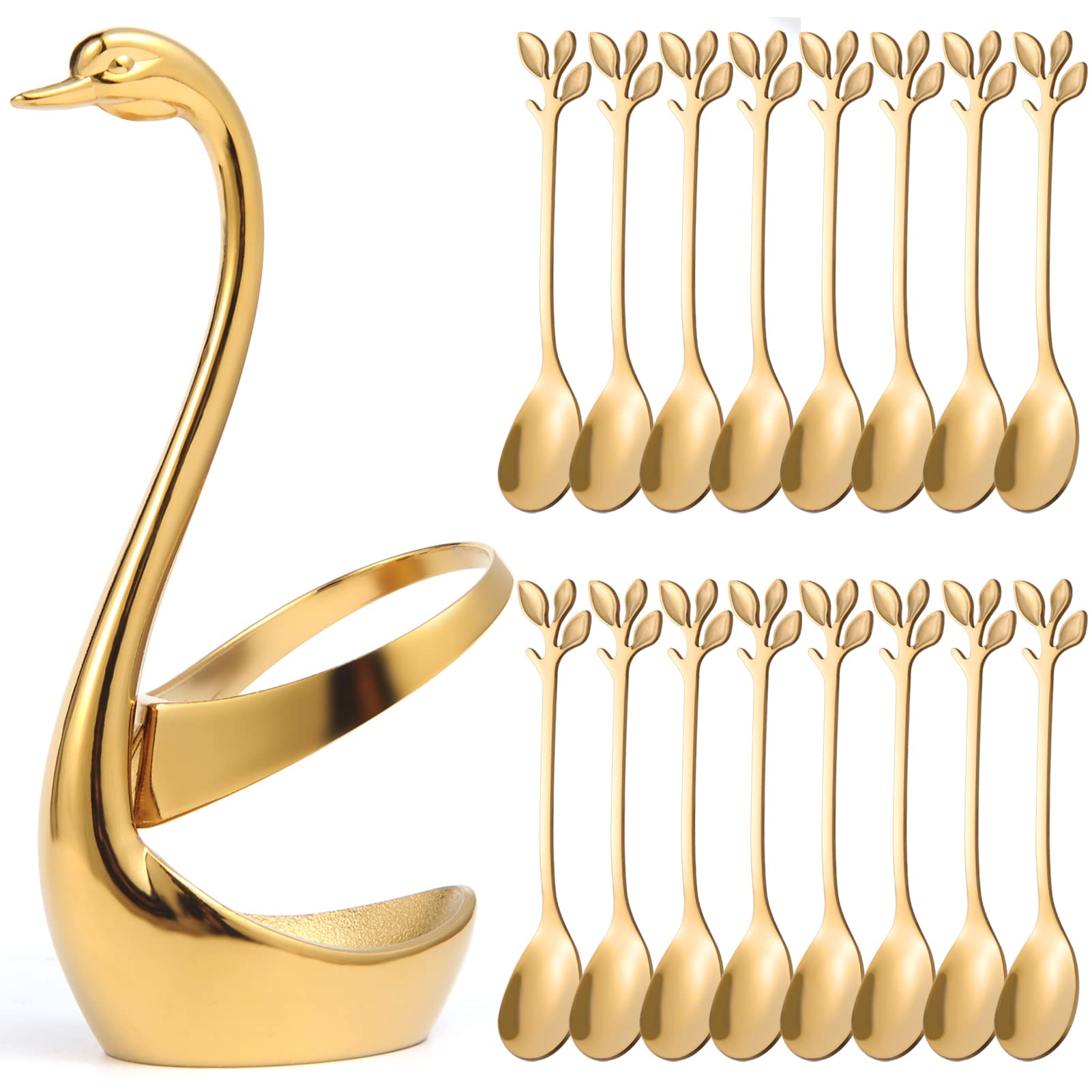 AnSaw Gold Small Swan Base Holder With Gold 16Pcs 4.7Inch leaf Handle Coffee Spoon Set