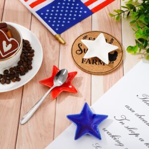 Whaline 3Pcs Patriotic Star Coffee Spoon Rest 4th of July Ceramic Teaspoon Holder Red Blue White Star Ring Dish for Independence Day Kitchen Office Coffee Bar Coffee Stirrers Home Decor Accessories