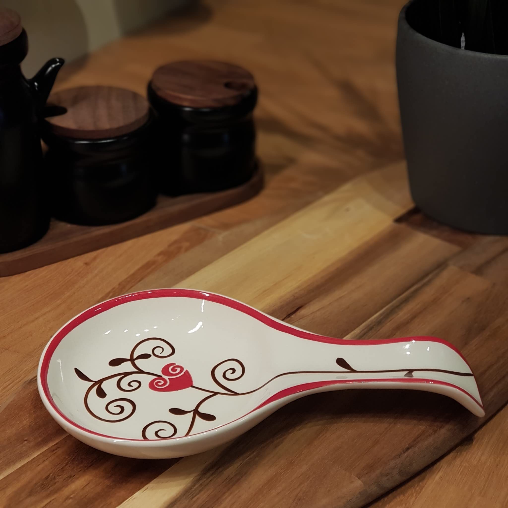 Cute Spoon Rest, Porcelain Spoon Rest for Kitchen Counter, Stove Top, Kitchen Spoon Rest, Utensil Rest for Spoon, Ladle, Spatula, Modern Farmhouse Kitchen Décor. (Red Heart))