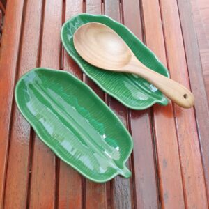 Cozinest Spoon Rest for Stove Top, Teak Wood Spoon Holder for Countertop, Ceramic Spoon Rest for Kitchen Counter, Serving Platter Décor Display Fruit Snacks Appetizer Wood Green Leaf (Ceramic)