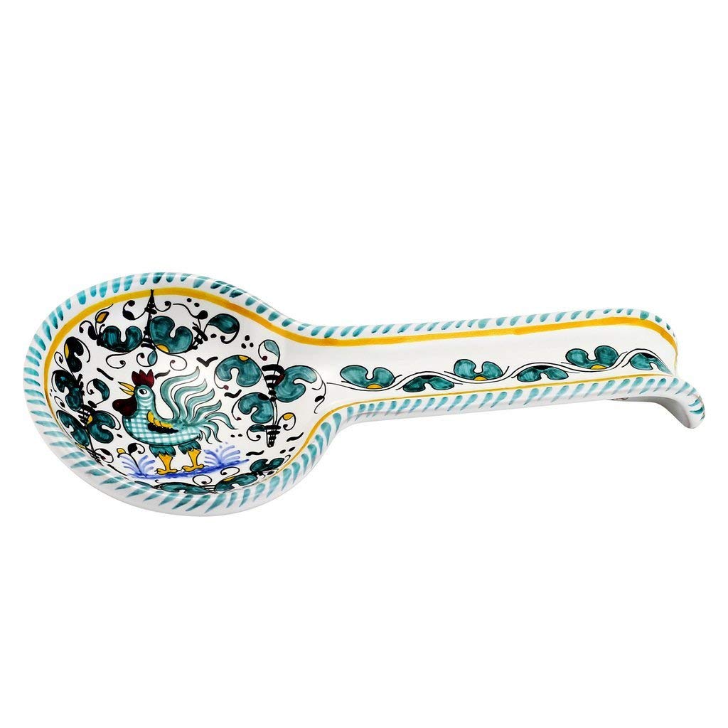 ORVIETO GREEN ROOSTER Spoon Rest Deluxe [GR028S] - Authentic hand painted in Deruta, Italy. Original design. Shipped from the USA with Certificate of Authenticity.